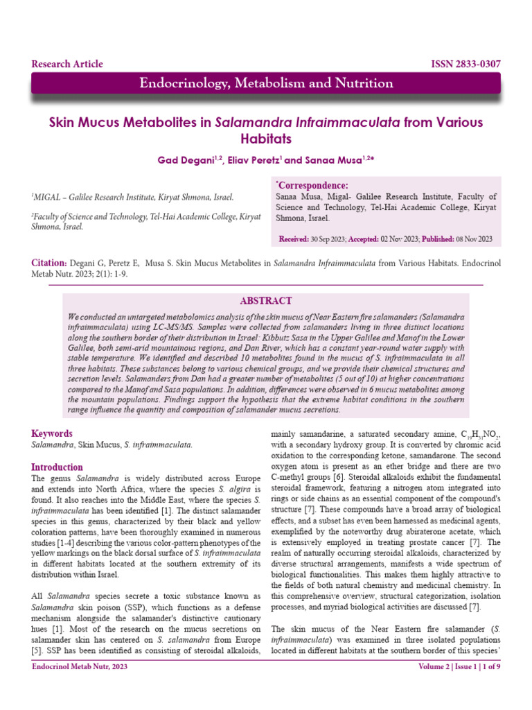 Skin Mucus Metabolites in Salamandra Infraimmaculata From Various ...