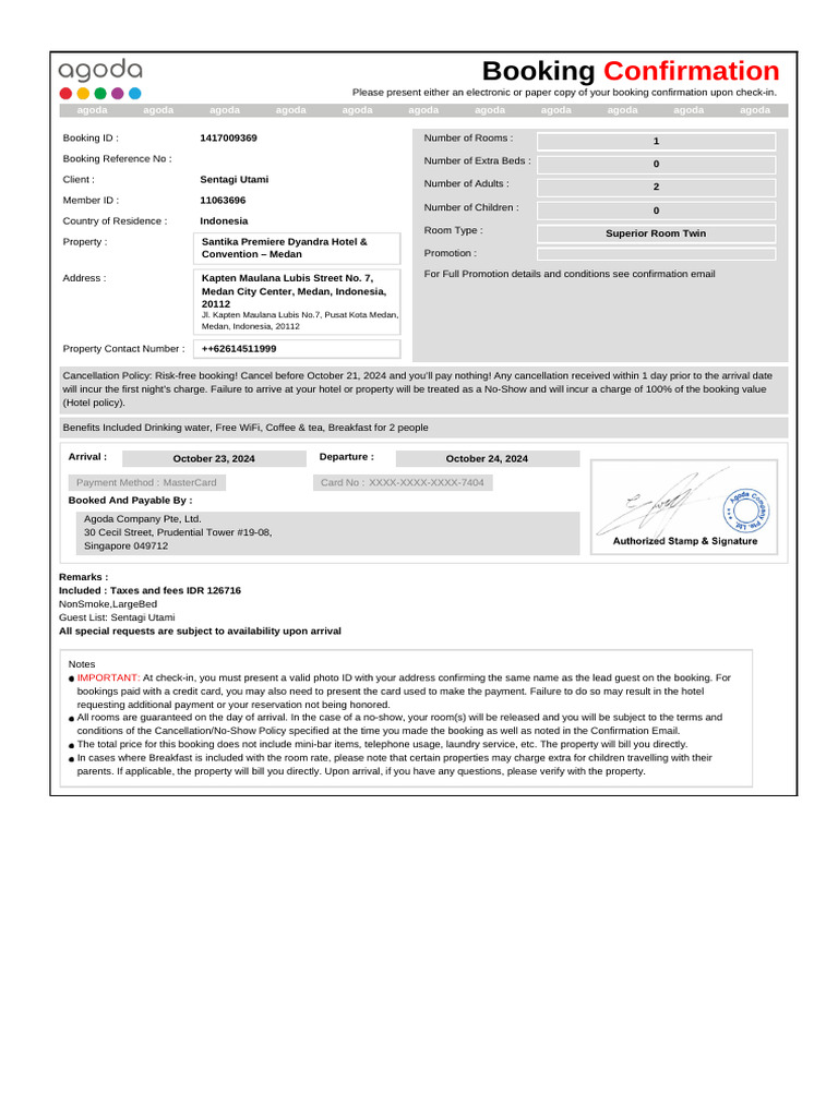 Agoda Booking Confirmation for Medan Hotel | PDF | Payments | Credit Card