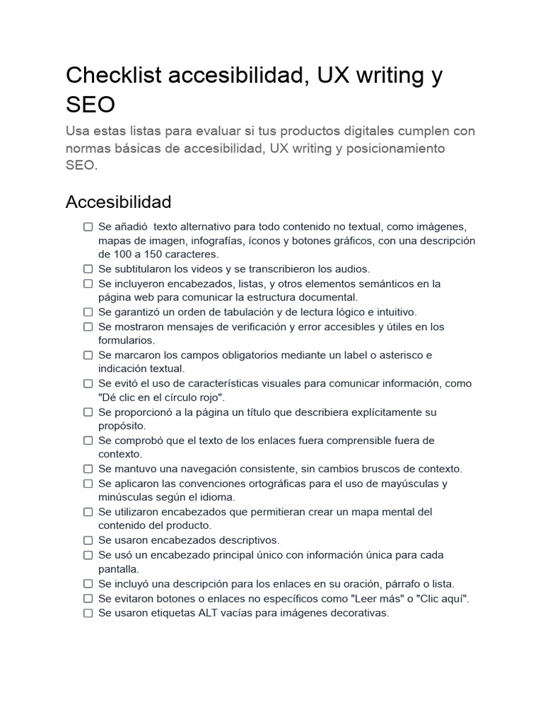 Checklist Accesibilidad, Ux Writing y Seo | PDF | Posicionamiento en buscadores | Accesibilidad