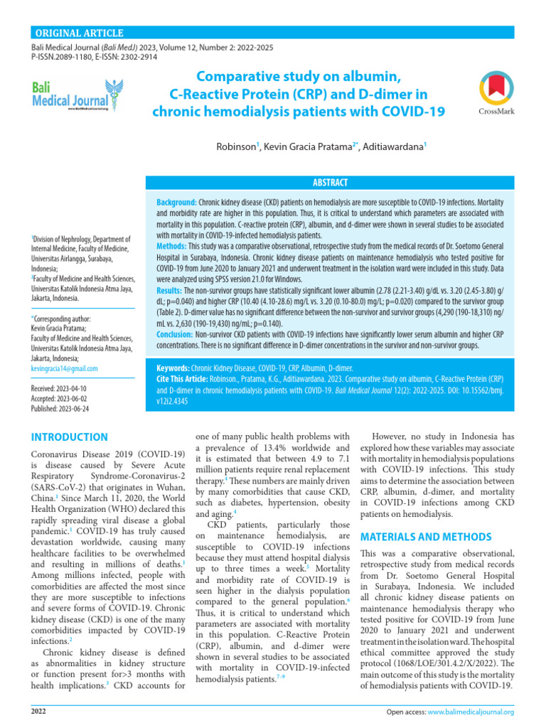 Comparative Study On Albumin, C-Reactive Protein (CRP) and D-Dimer in ...