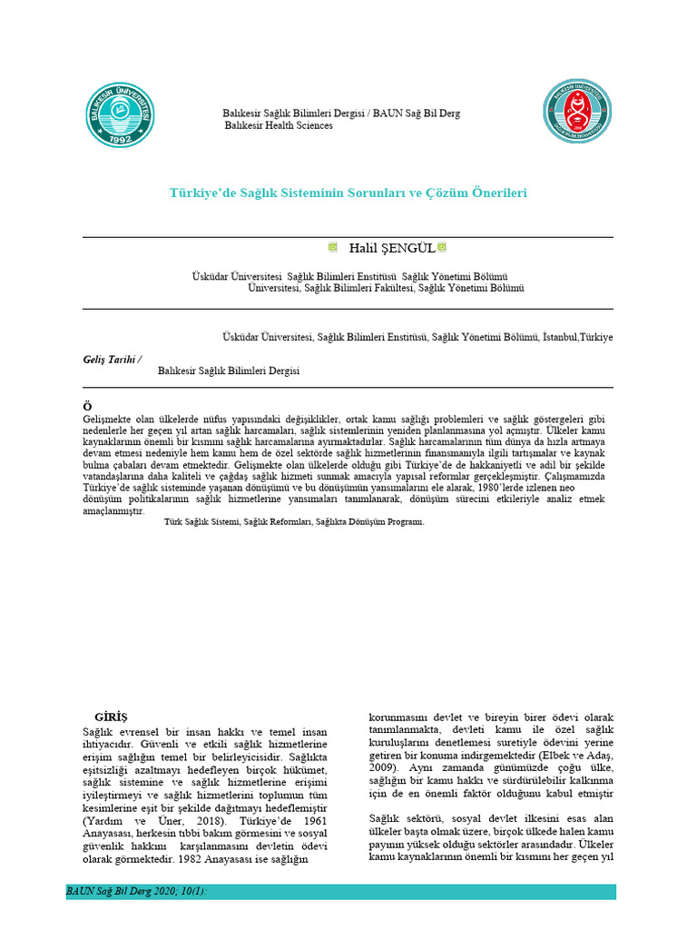 T Rkiye de Sa L K Sisteminin Sorunlar Ve Z M Nerileri (#581420) - 1100173 | PDF