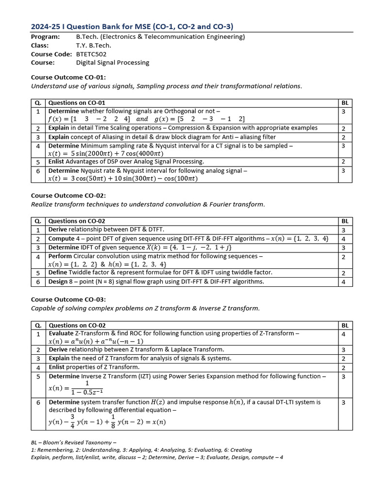 DSP-TY - MSE Question Bank - NBA | PDF | Discrete Fourier Transform ...