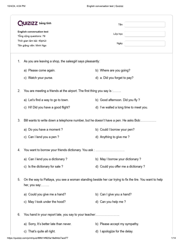 English Conversation Test - Quizizz | PDF | Expense | Accounting