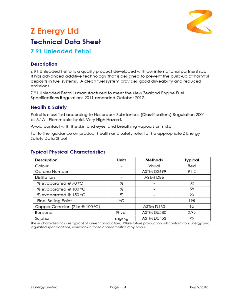 Z 91 Unleaded Petrol Specifications | PDF