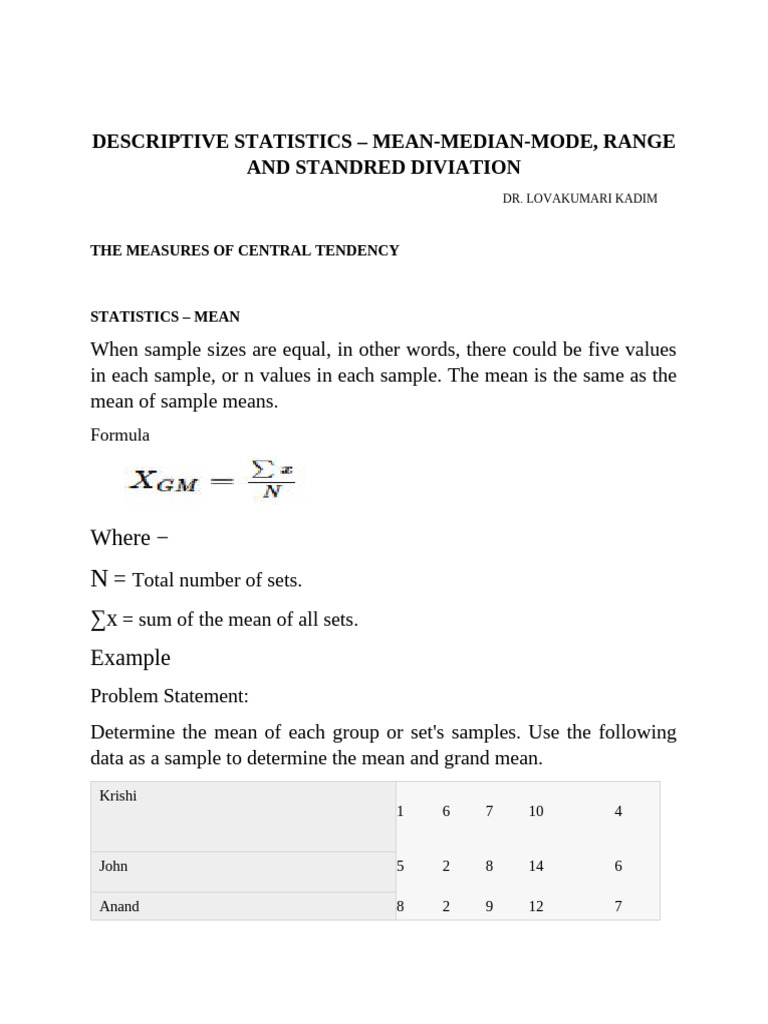 Descriptive Statistics - Mean-Median-Mode, Range and Standred Diviation ...