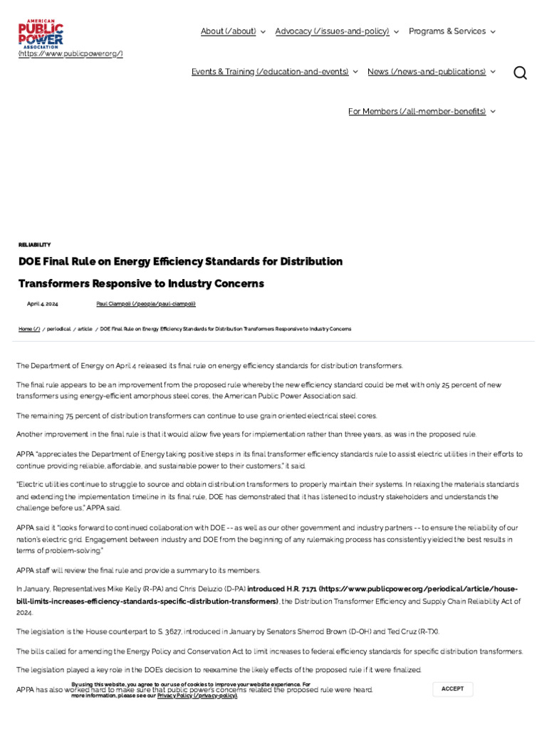 DOE Final Rule On Energy Efficiency Standards For Distribution Transformers Responsive To ...