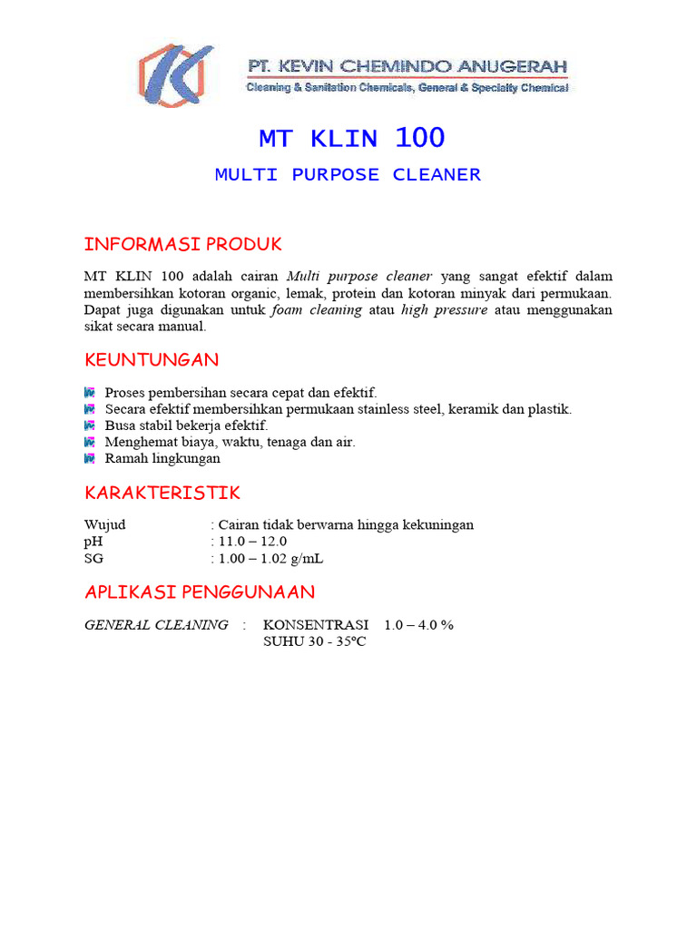 Pembersih Serbaguna MT KLIN 100 | PDF