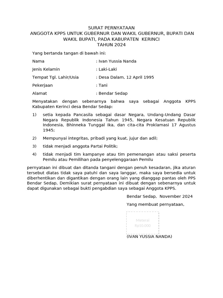 Surat Pernyataan KPPS | PDF | Agama & Spiritualitas