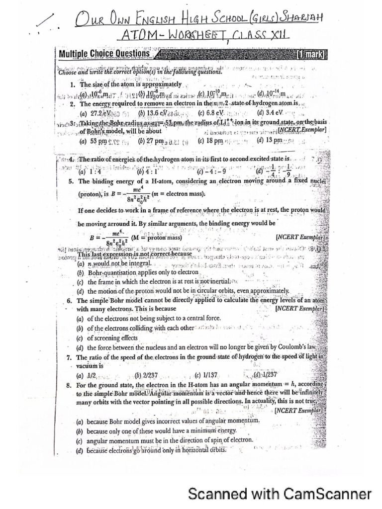 Phy Atoms Worksheet | PDF