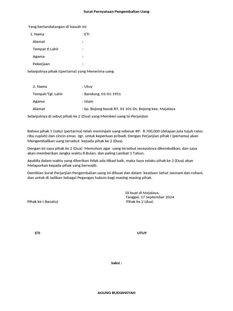 Surat Pernyataan Pengembalian Uang | PDF