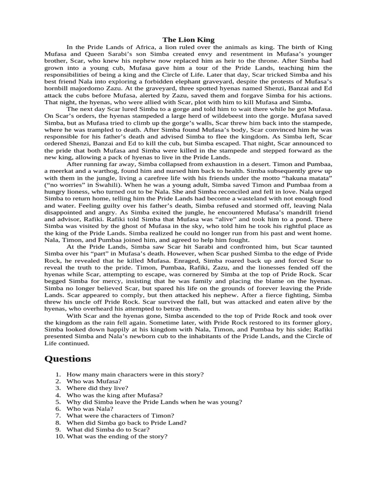 The Lion King Narrative Text | PDF | Classics