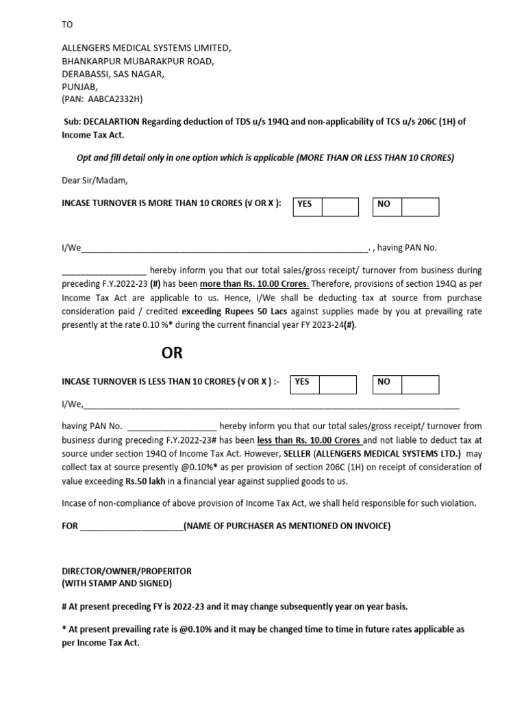 TDS Declaration Format for Allengers Ltd | PDF | Finance & Money Management