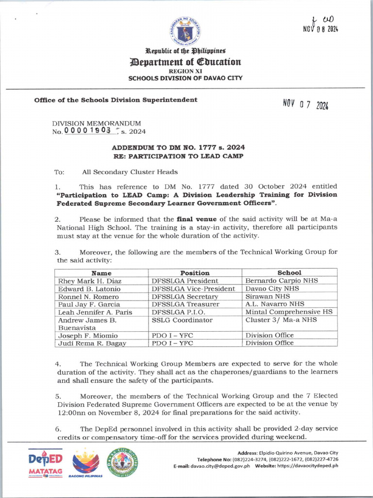 2024-DM No. 1903 - ADDENDUM TO DM NO. 1777 S 2024 RE PARTICIPATION TO ...