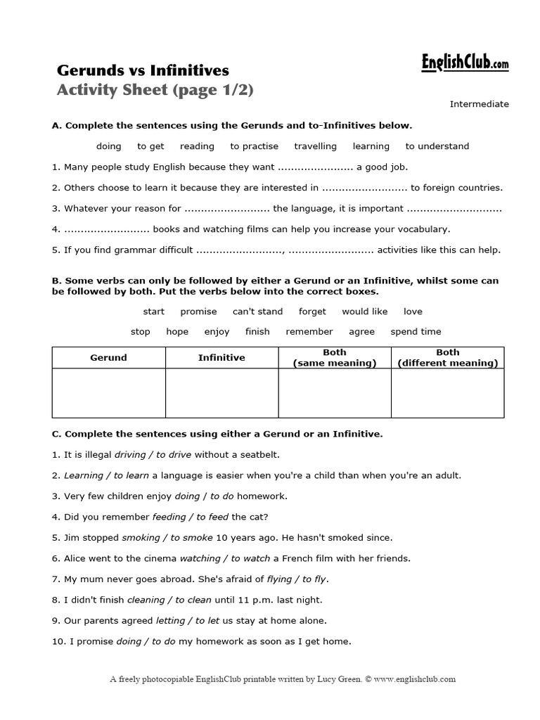 Gerunds Infinitives Activity | PDF | Linguistic Morphology | Syntax