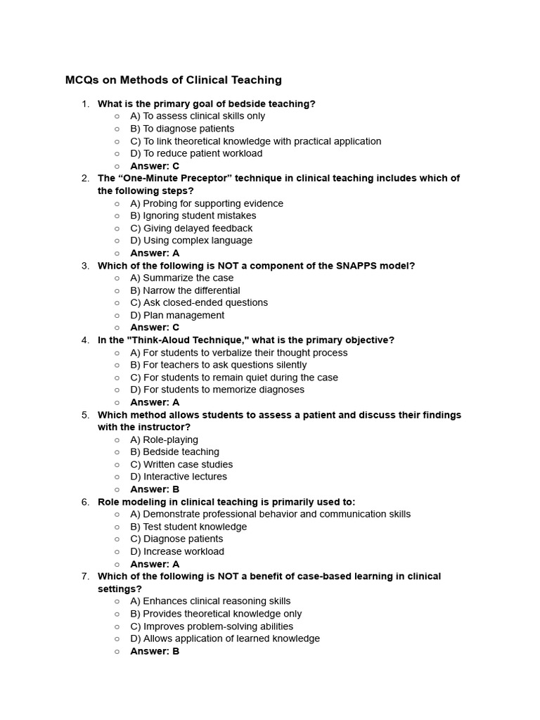 MCQs On Methods of Clinical Teaching | PDF | Learning | Teaching Method