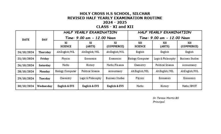 HS Half Yearly Exam Routine 2024-25 | PDF