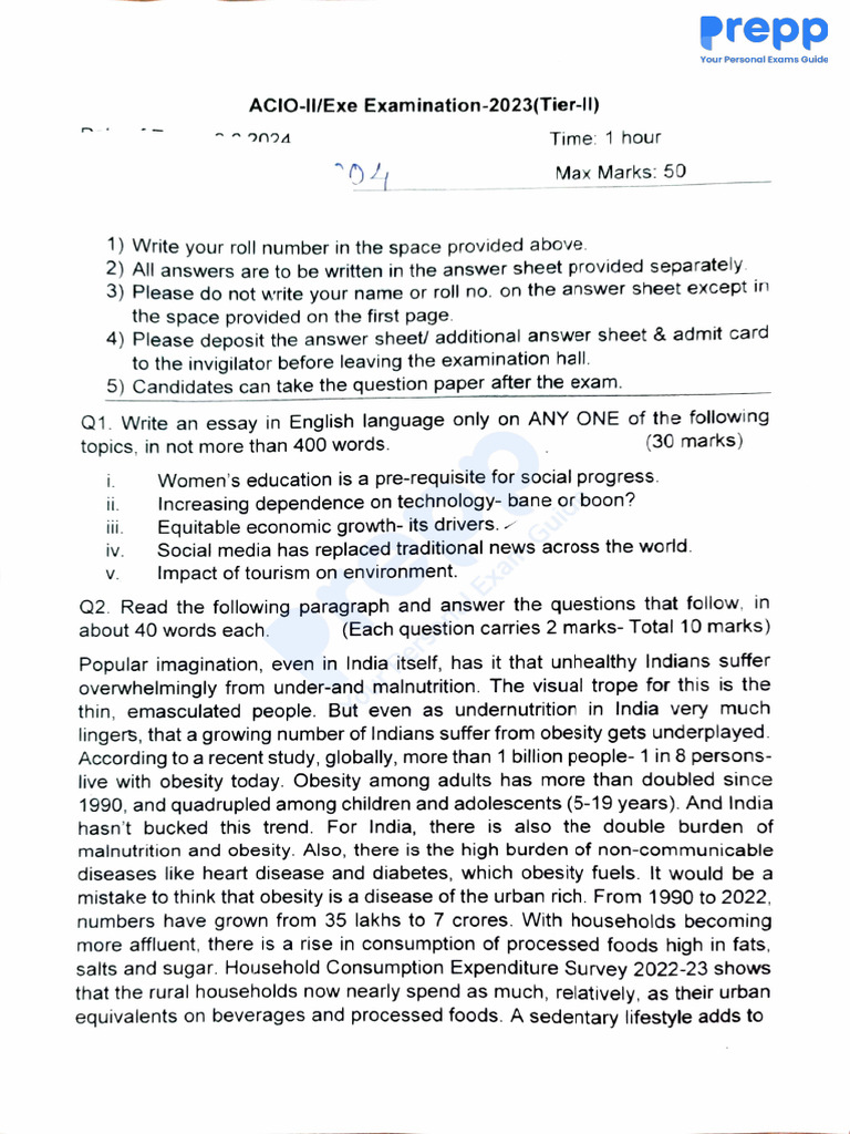 IB ACIO Tier 2 Question Paper 2024 | PDF | Obesity