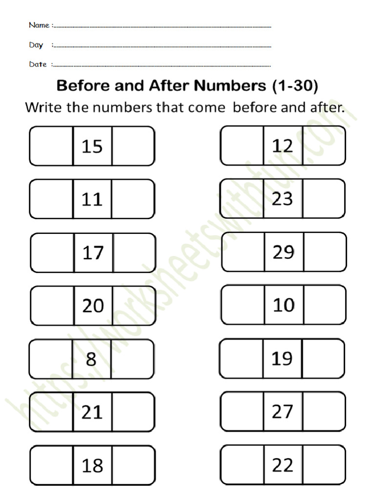 Before - After - Between Worksheet 3 (1-30) | PDF