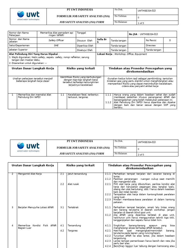 JSA-013 - Memeriksa Alat Pemadam Api Ringan (APAR) | PDF