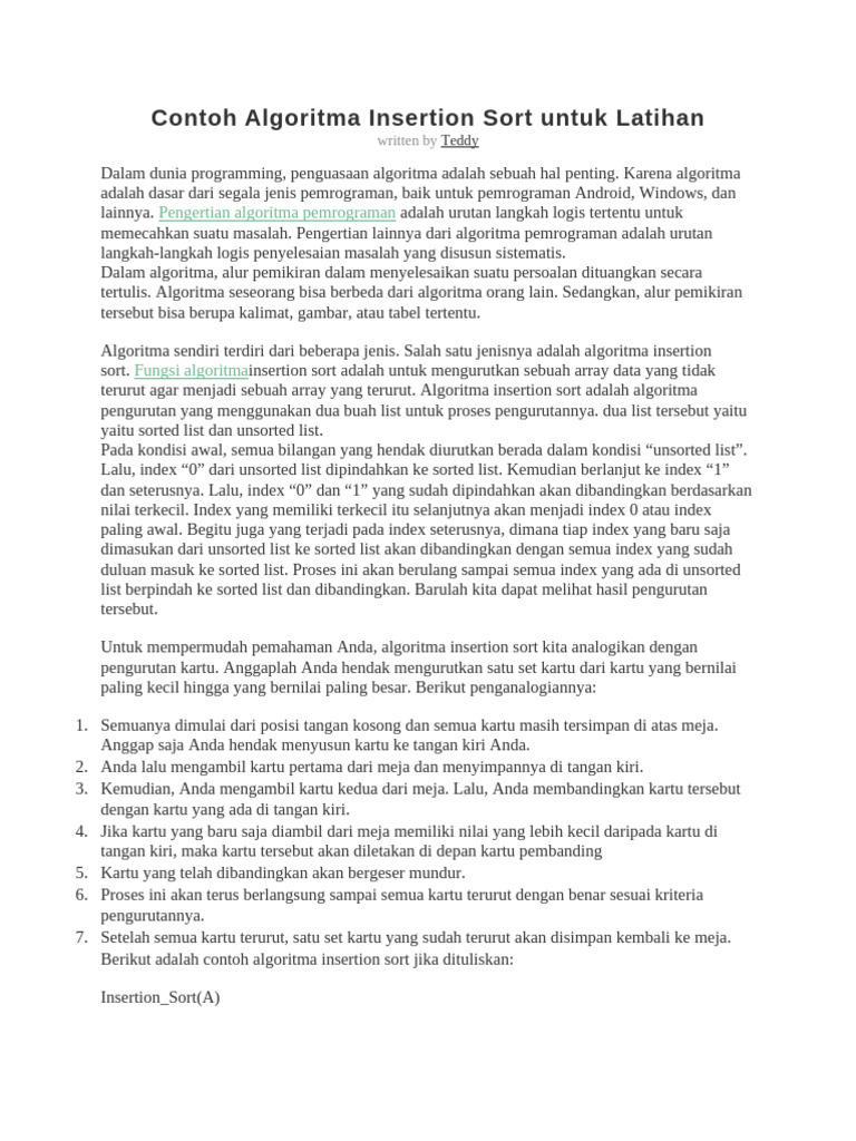 Contoh Algoritma Insertion Sort Untuk Latihan | PDF