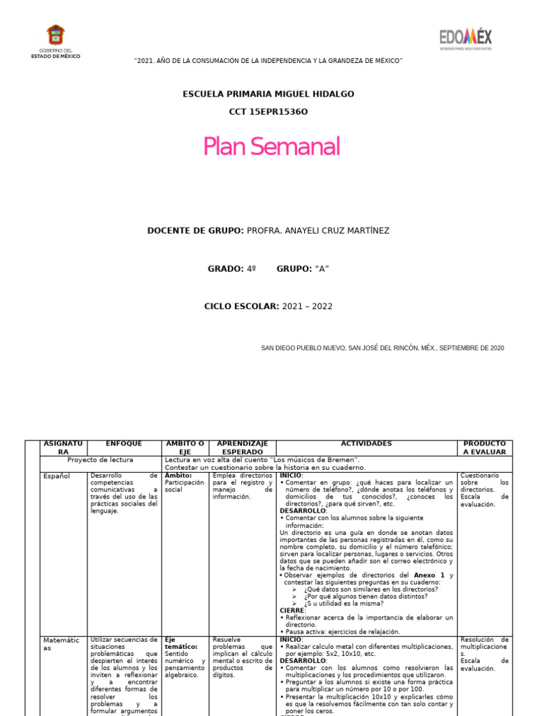 Plan Cuarto Grado 20-24 Septiembre 2021 | PDF | Evaluación | Alfabeto