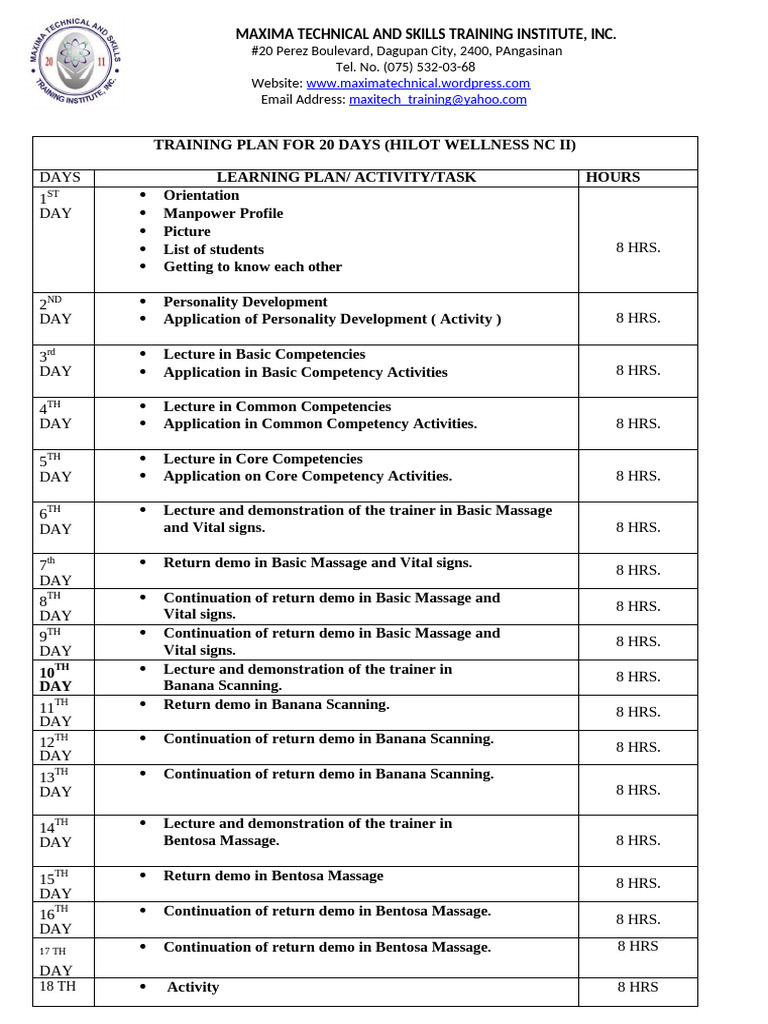 TRAINING PLAN HILOT Final 20 Days | PDF | Military Operations | Battles