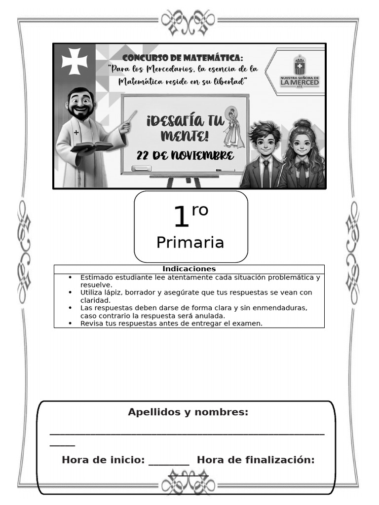 Caratula y Formato de Examen - 1er A 3er Grado de Primaria | PDF