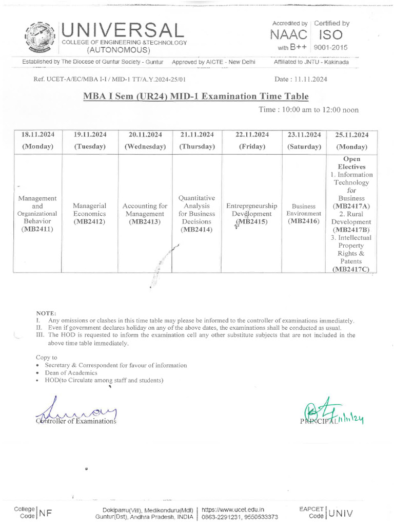 I B.Tech I Sem (Autonomous) MID-1 Time Table AY 2024-25 | PDF