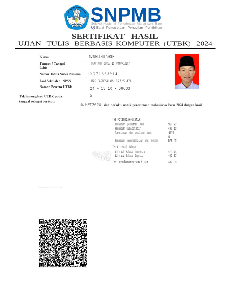 Hasil UTBK 2024: Sertifikat SNPMB | PDF