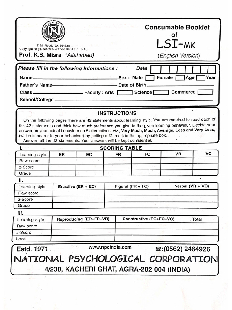Learning Style Inventory (LSI) Consumable Booklet | PDF