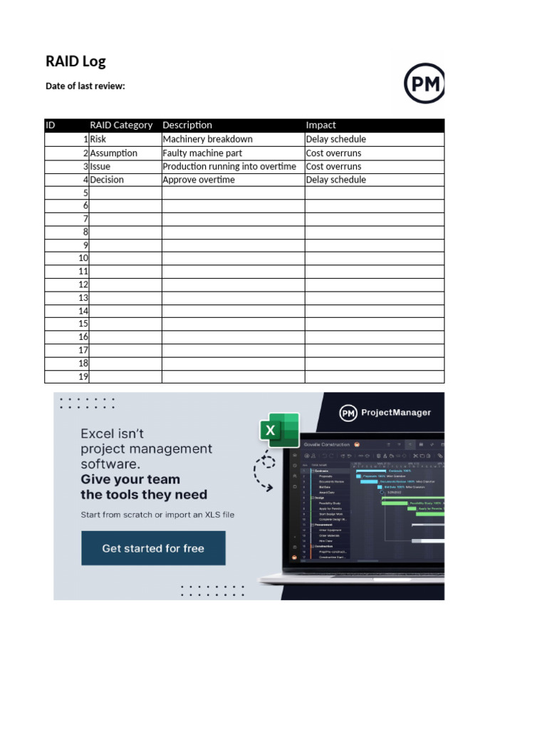 RAID Log Template Excel ProjectManager-FD | PDF