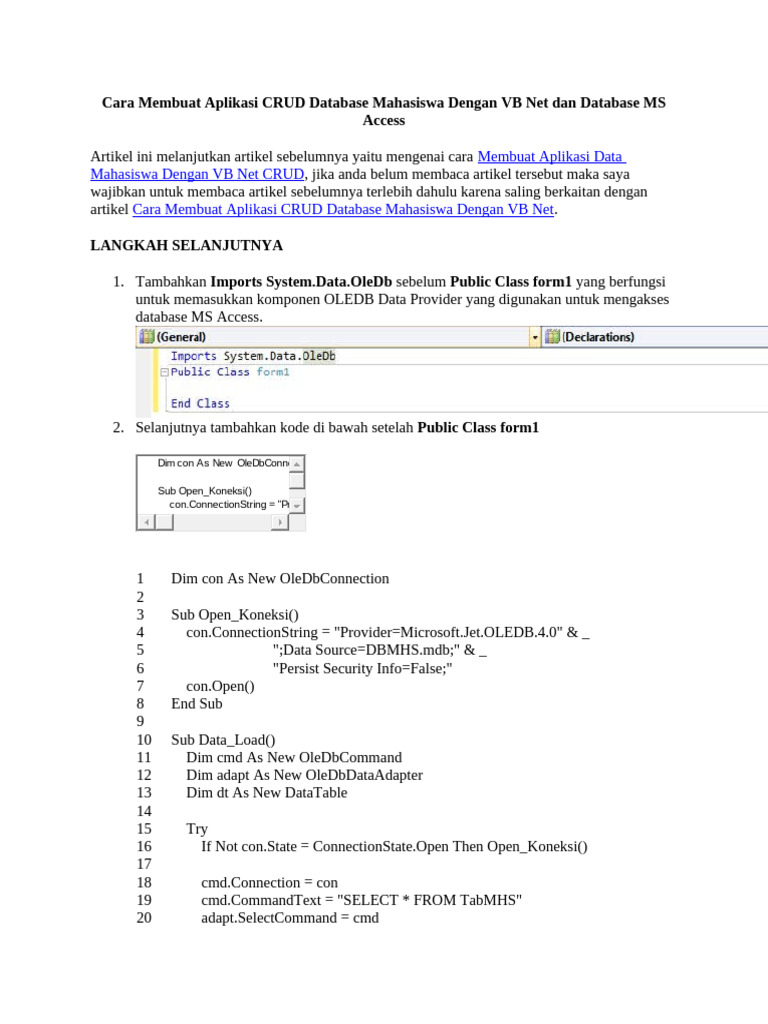 Cara Membuat Aplikasi CRUD Database Mahasiswa Dengan VB Net Dan Database MS Access | PDF