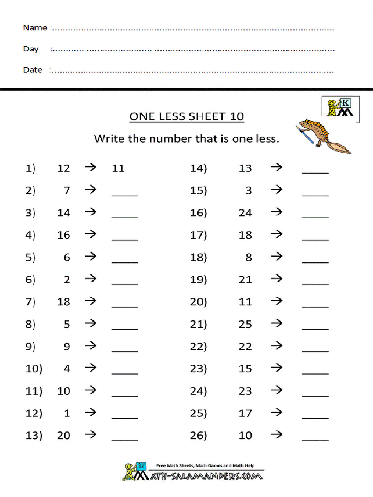 Worksheets-For-Kindergarten-Math-One-Less-10 | PDF