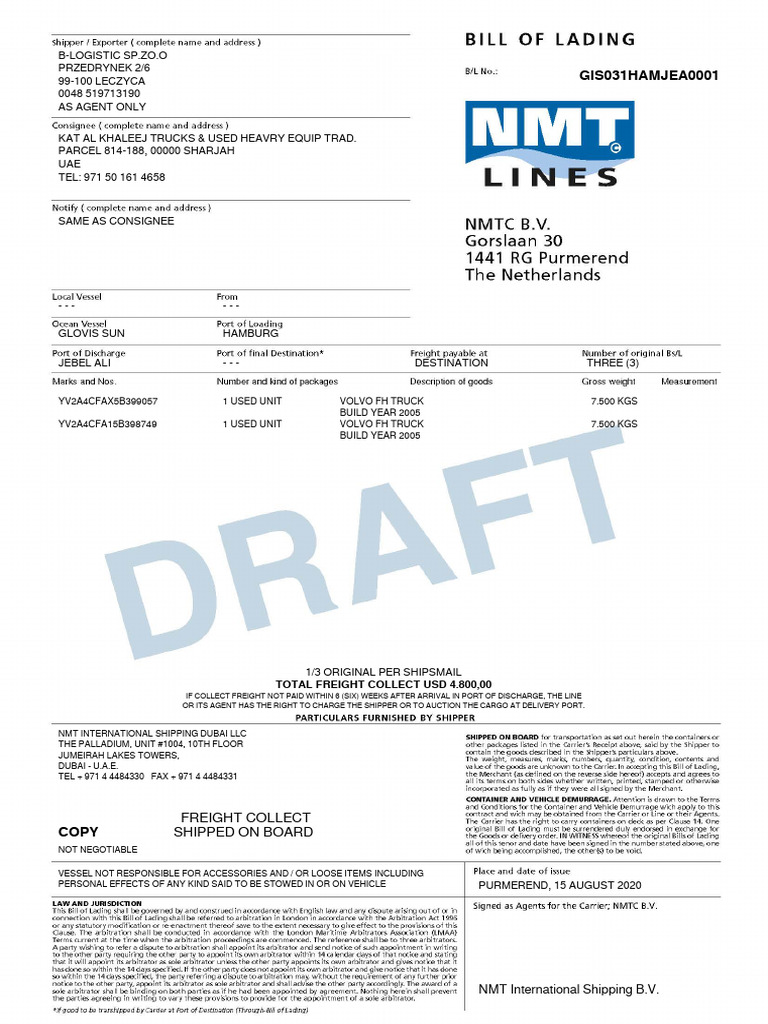 NMT Bill of Lading Draft | PDF | Cargo | Water Transport