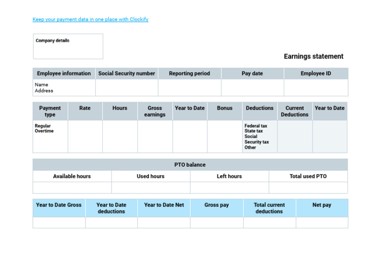 Pay Stub Template With PTO and Overtime | PDF