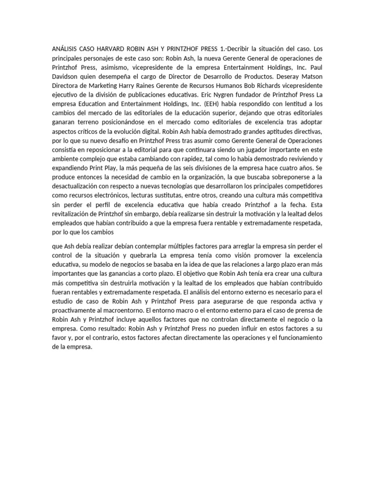 Análisis Caso Harvard Robin Ash y Printzhof Press 1 | PDF | Business ...