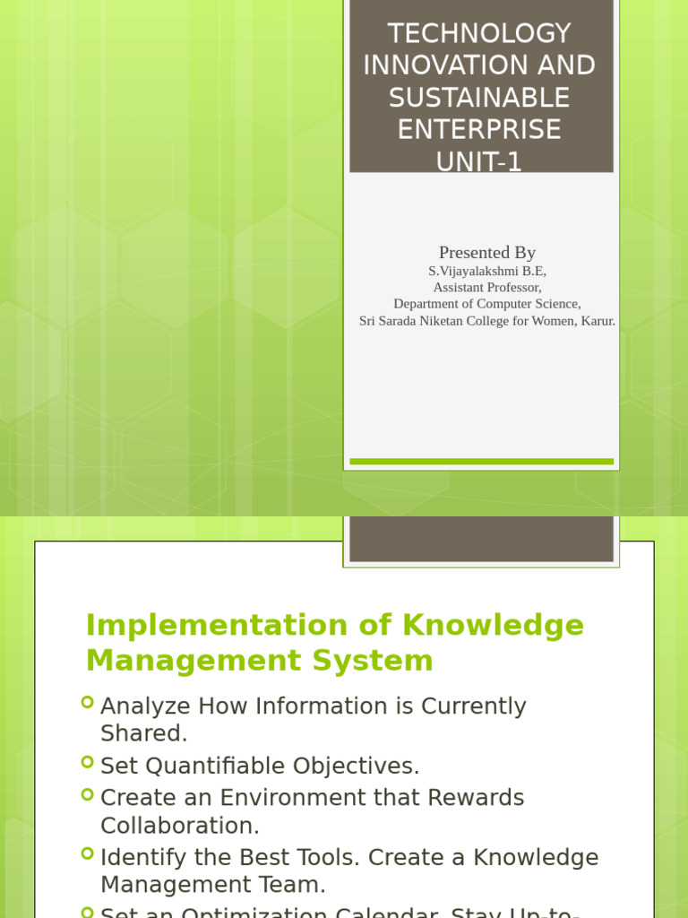 Technology Innovation and Sustainable Enterprise - Implementation of Knowledge Management System ...
