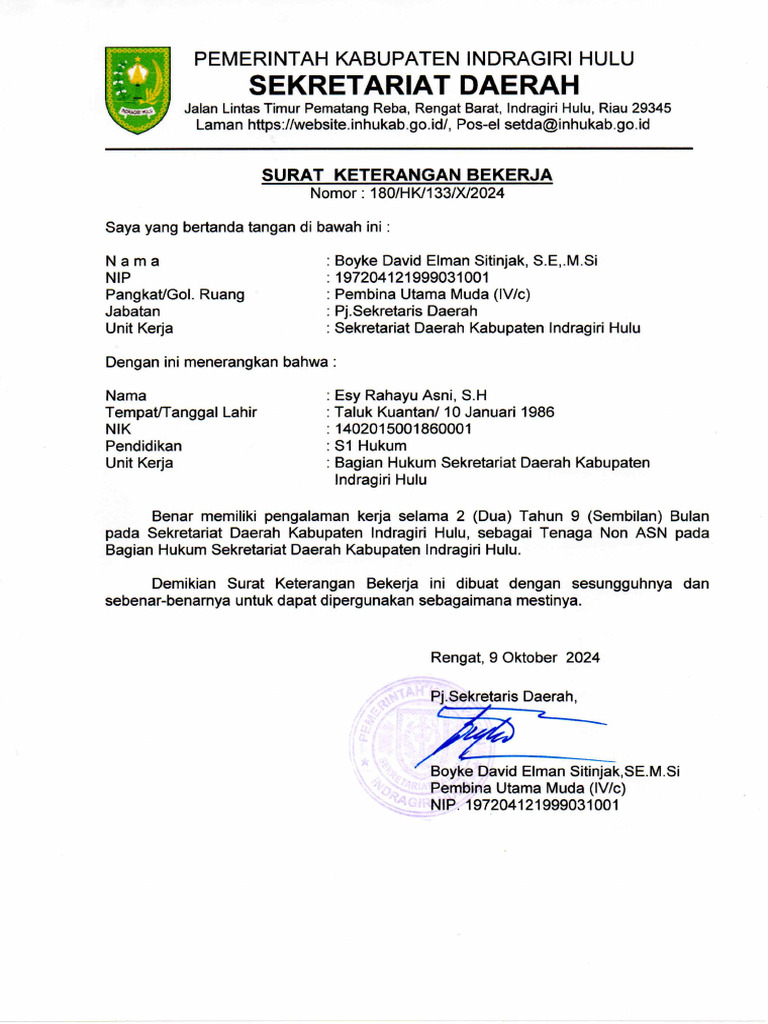 Surat Keterangan Bekerja - Esy | PDF
