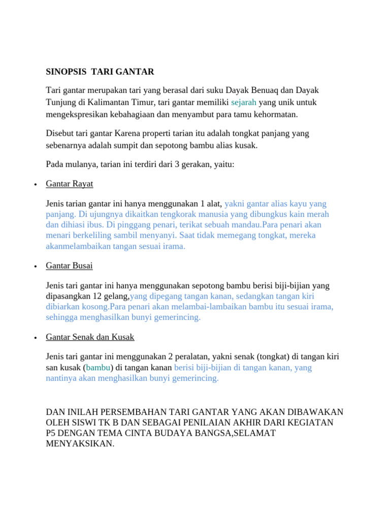 Sinopsis Tarian Budaya Anak TK | PDF
