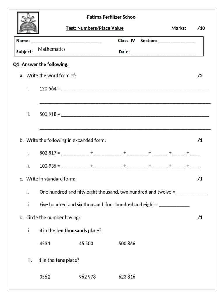 Test of First 4 Worksheets Whole Numbers | PDF | Mathematics