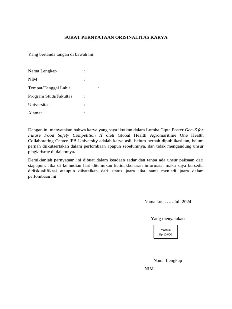 Template Surat Orisinalitas Karya GFFSC2 | PDF