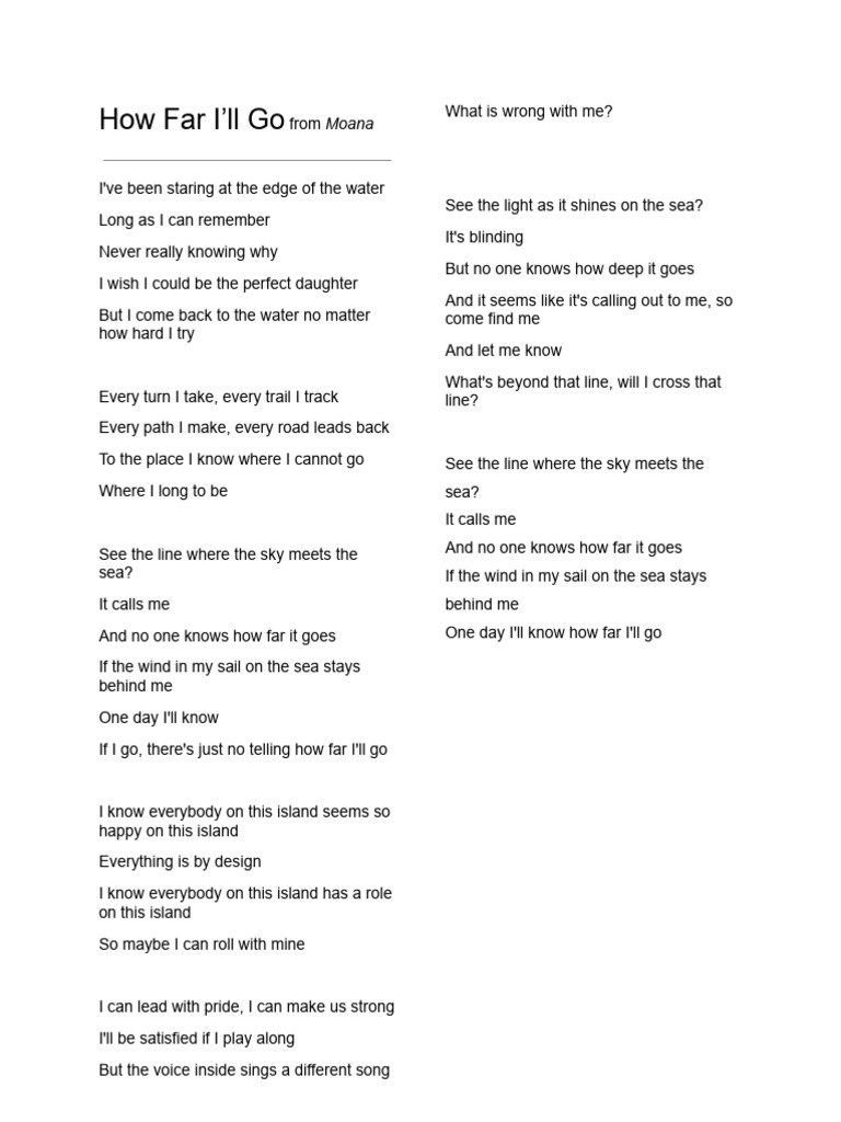Moana: How Far I'll Go Lyrics | PDF | Poetry