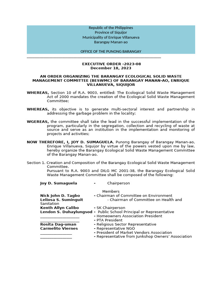 Barangay Ecological Solid Waste Management Committee | PDF | Waste ...