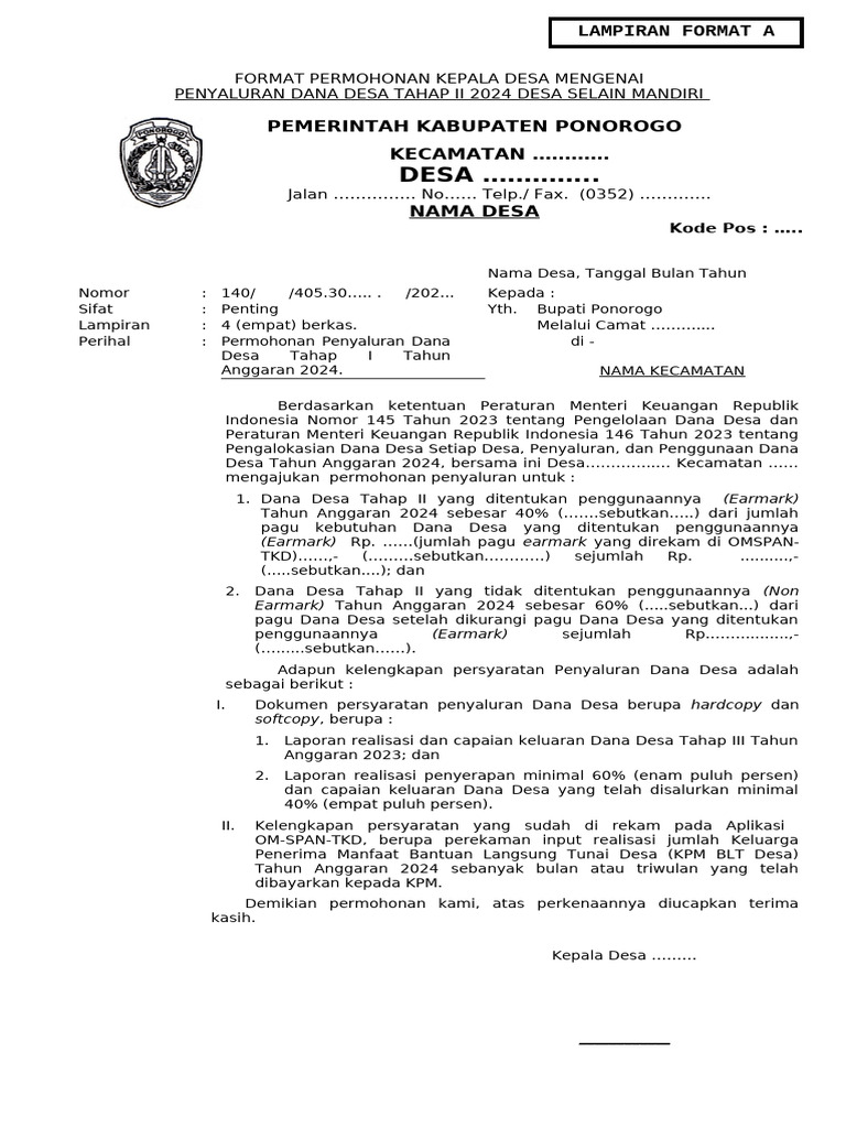 Format Permohonan Dana Desa Tahap Ii 2024 | PDF