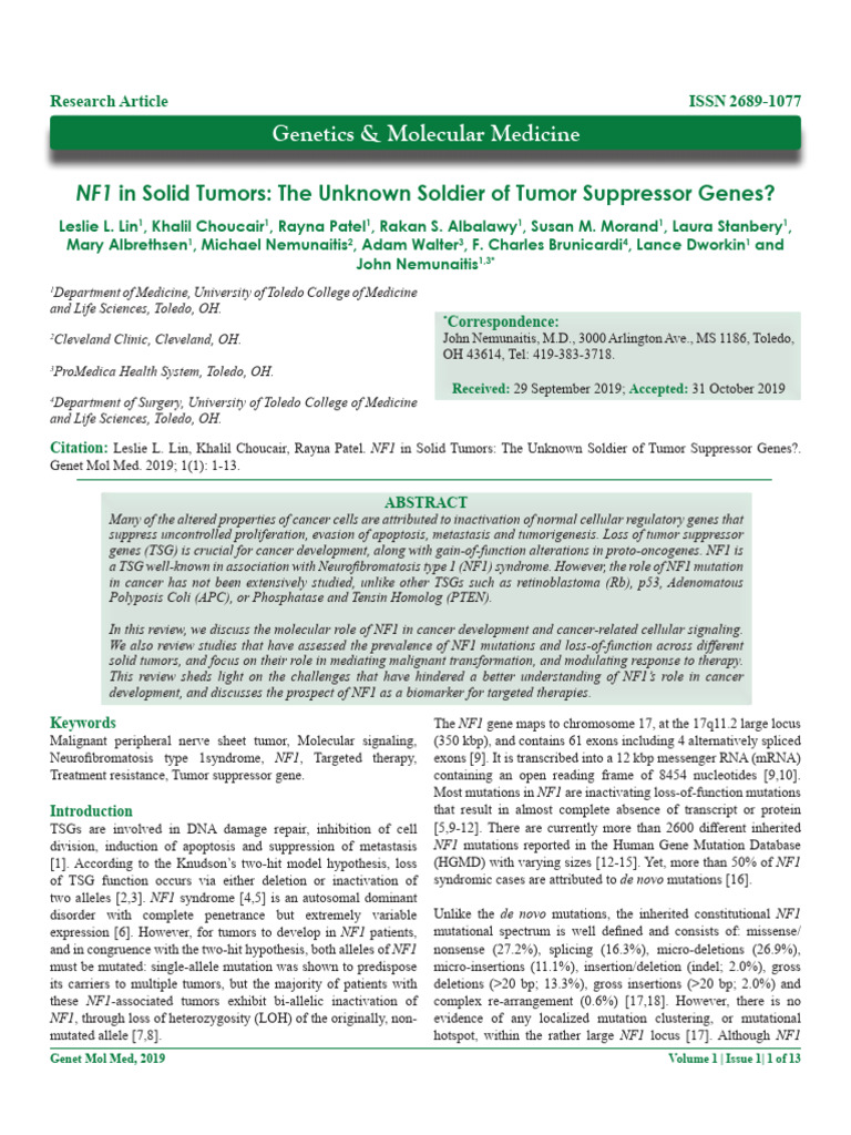 Nf1 in Solid Tumors the Unknown Soldier of Tumor Suppressor Genes ? | PDF | Protein Kinase B ...