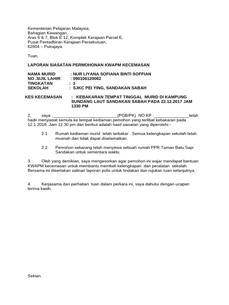 Contoh Surat Kwapm Kecemasan | PDF