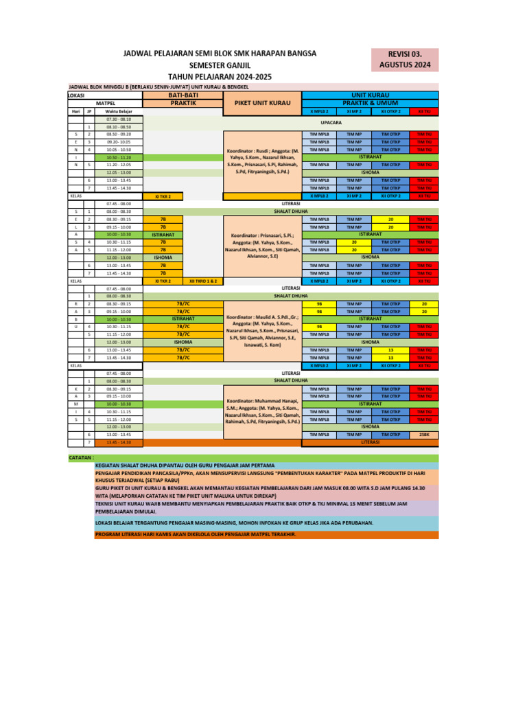 Jadwal Pelajaran Semi Blok Minggu B Semester Ganjil TP 2024-2025.Rev.03-Unit Kurau & Bengkel | PDF