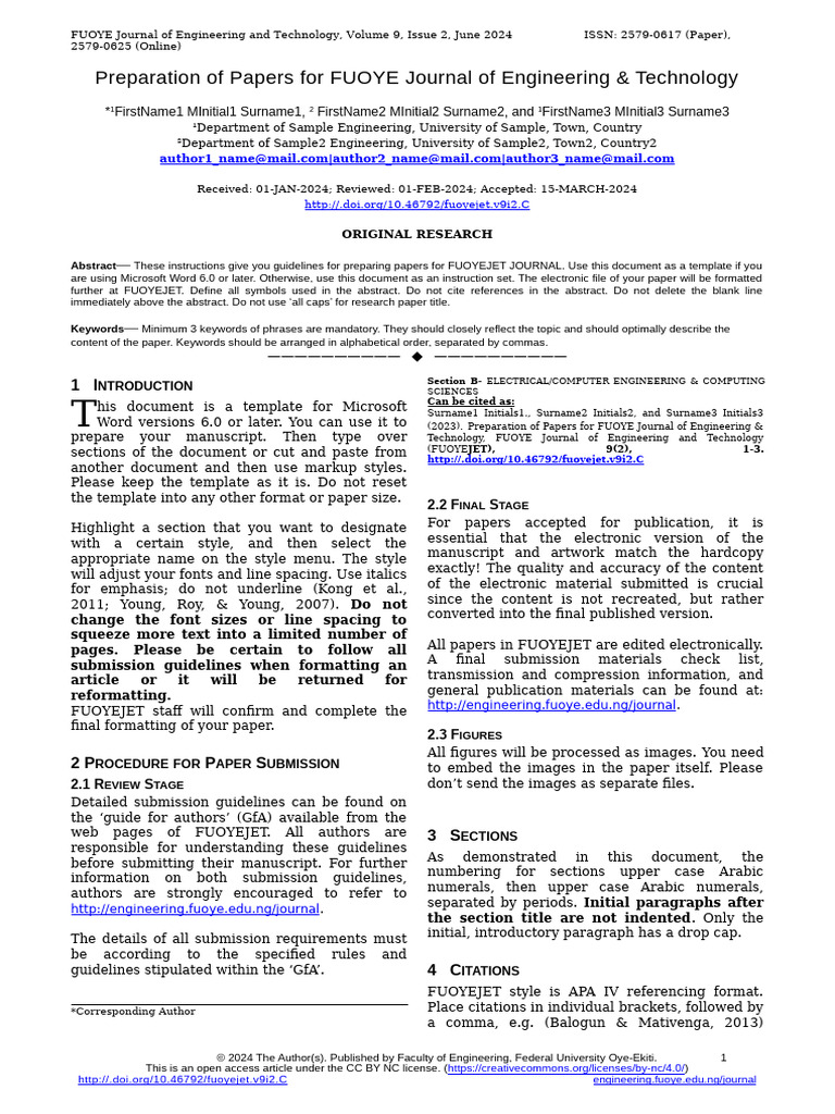 FUOYEJET Paper Preparation Guidelines | PDF | Citation | Apa Style
