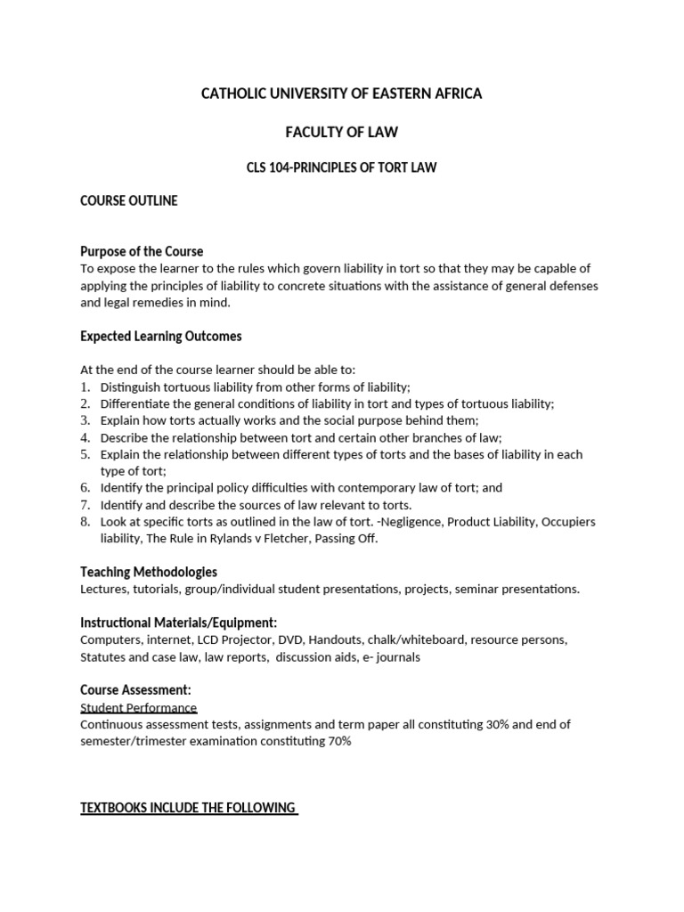 Principles of Tort-Course Outline | PDF | Tort | Negligence
