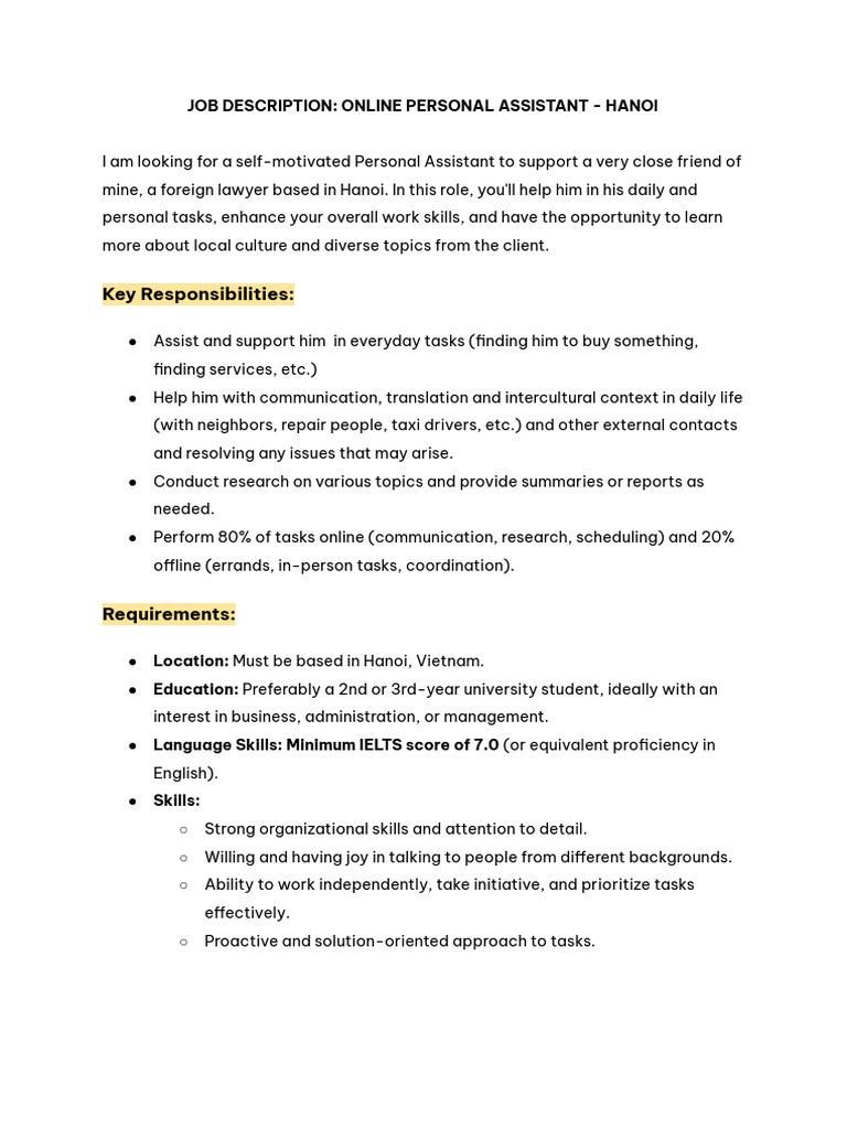 Job Description - Online Personal Assistant - Hanoi | PDF